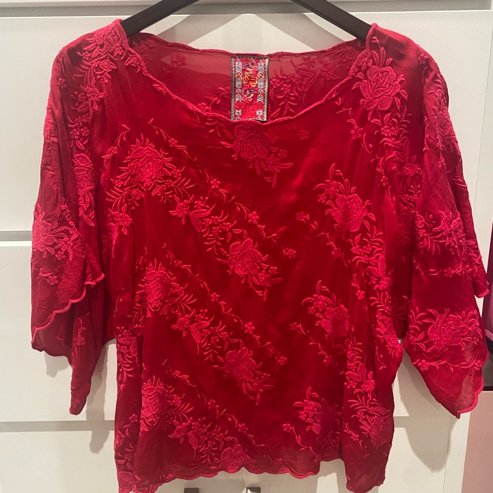 Johnny Was Red Scalloped Blouse - Gem